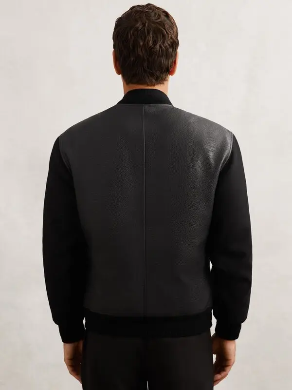 REISS Pearman Leather Contrast-sleeve Bomber Jacket