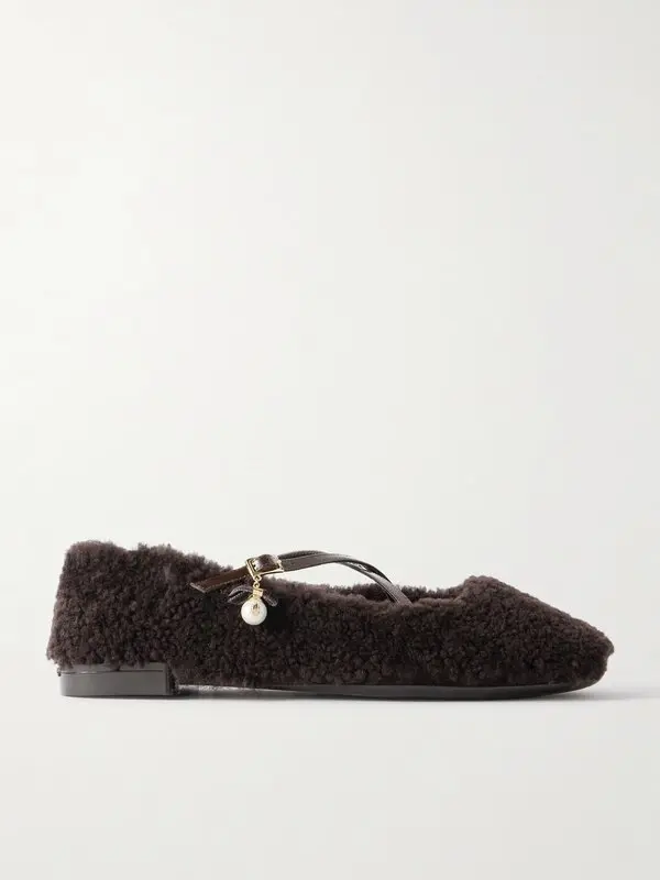 JIMMY CHOO Eleri Embellished Shearling Ballet Flats - Brown