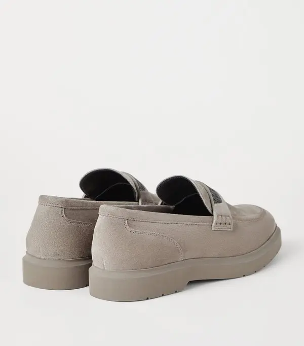 Brunello Cucinelli Suede Monili Penny Loafers - Beige