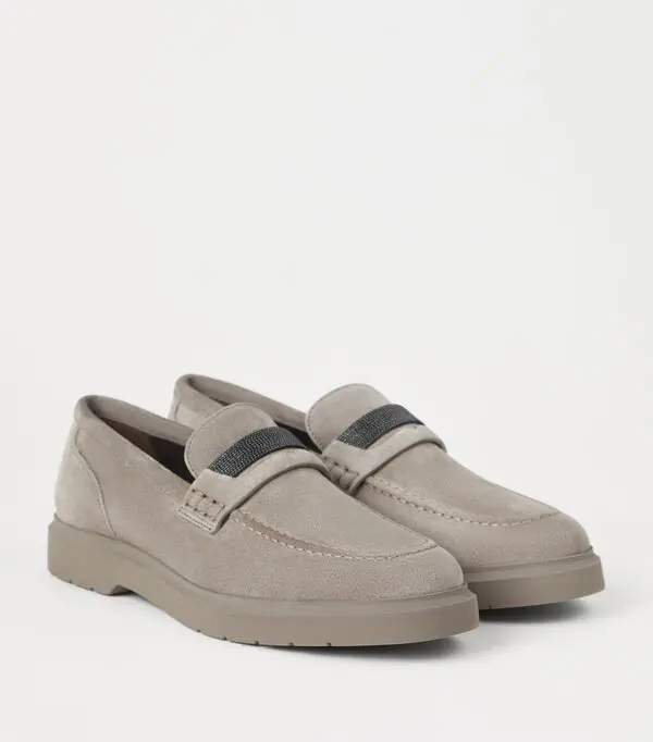 Brunello Cucinelli Suede Monili Penny Loafers - Beige