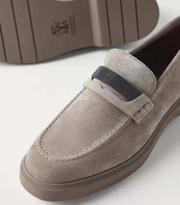 Brunello Cucinelli Suede Monili Penny Loafers - Beige