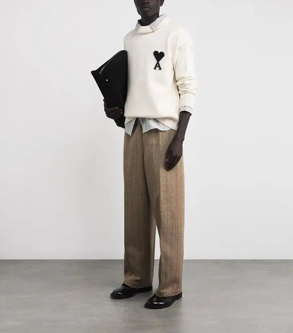 AMI Paris Wool-blend Wide-leg Trousers - Brown