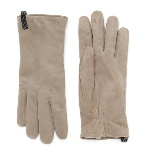 Brunello Cucinelli Suede Gloves With Monili Tab - Blue
