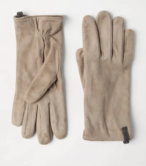 Brunello Cucinelli Suede Gloves With Monili Tab - Blue