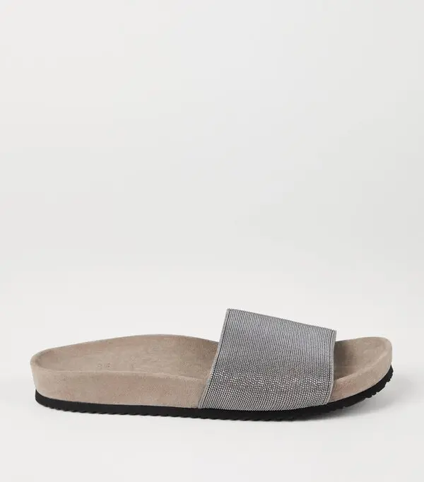 Brunello Cucinelli Suede Embellished Slides - Grey