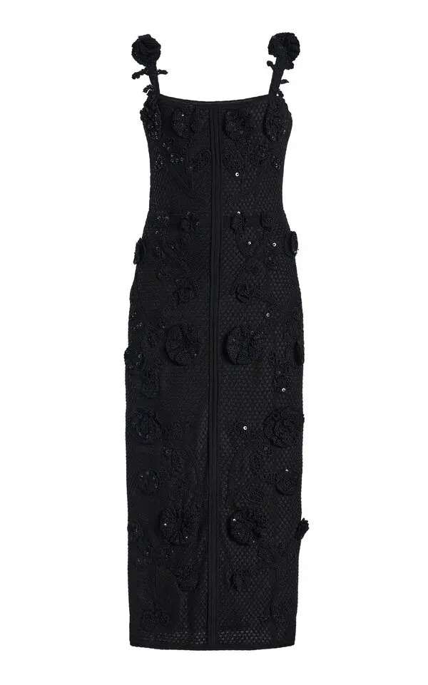 Carolina Herrera Crocheted Midi Dress With 3d Florals - Black