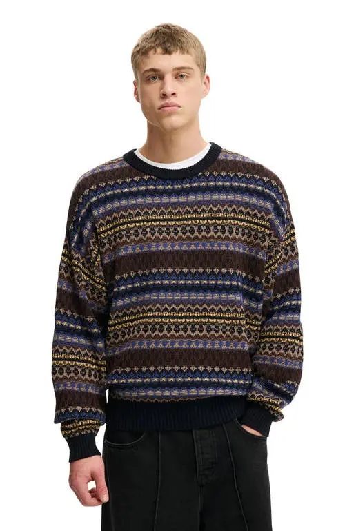 COTTON ON Garage Crew Knit - Navy Pattern