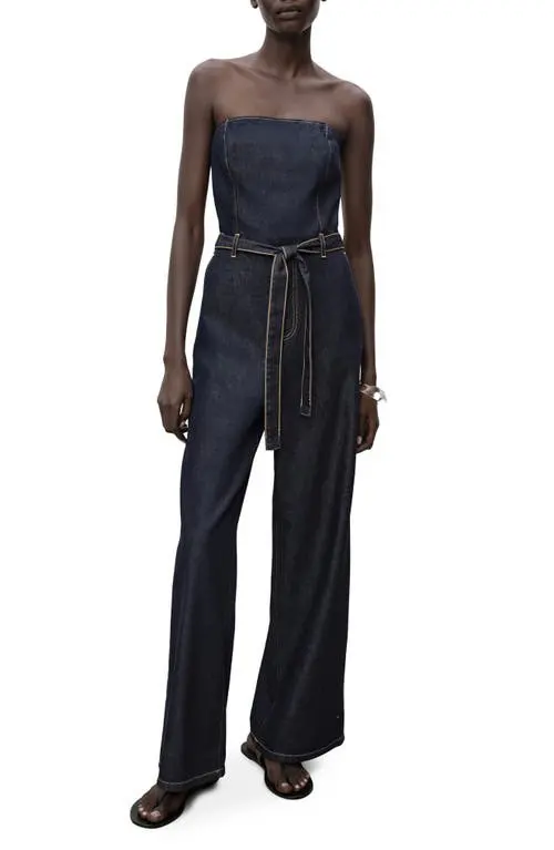 Mango Mono Strapless Tie-waist Denim Jumpsuit - Open Blue