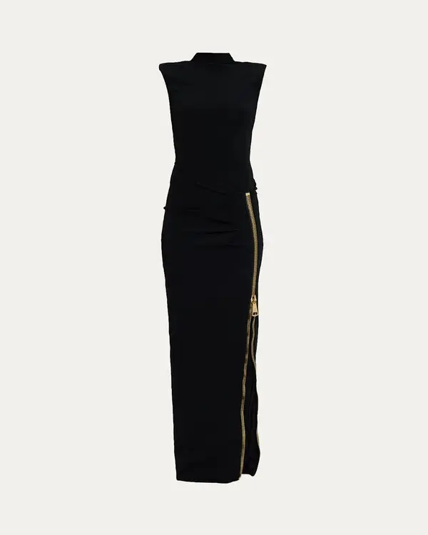 Balmain Mock-neck Sleeveless Gown With Zip Slit - Black