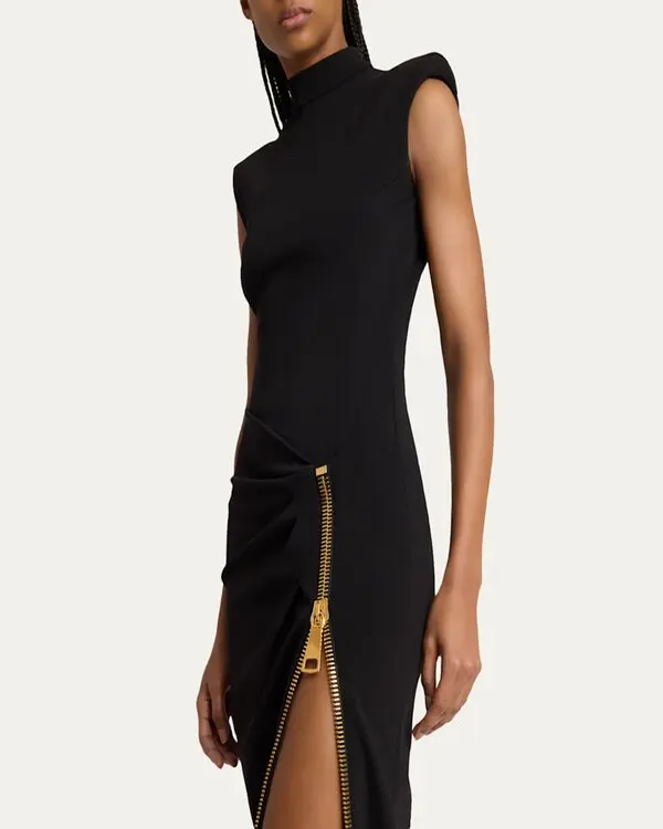 Balmain Mock-neck Sleeveless Gown With Zip Slit - Black