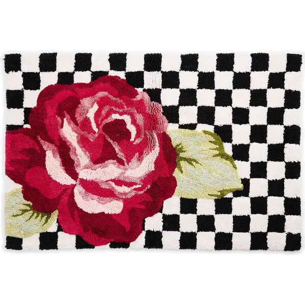 MACKENZIE-CHILDS Rose & Check Cotton Blend Bath Rug - Black
