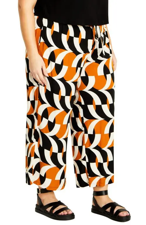 City Chic Printed Drawstring Wide Leg Ankle Pants - Black Print