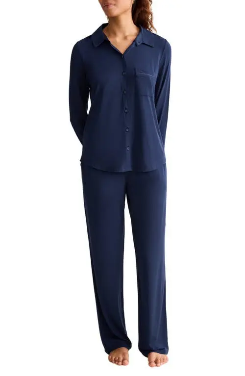 Fleur't Satin Trim Jersey Pajamas - Ink