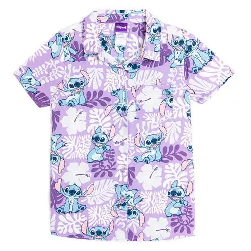Disney Printed Short Sleeve Button-up Shirt - Lilo & Stitch Purple