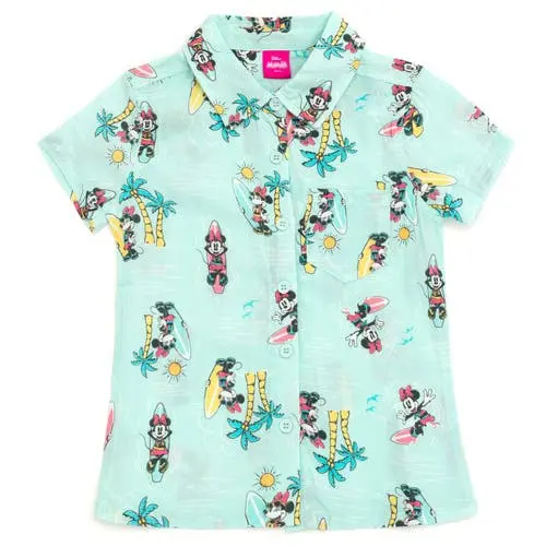 Disney Printed Short Sleeve Button-up Shirt - Minnie Mouse Green