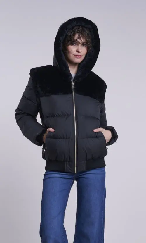 BLUE DUCK Down Jacket With Shearling Yoke - Black