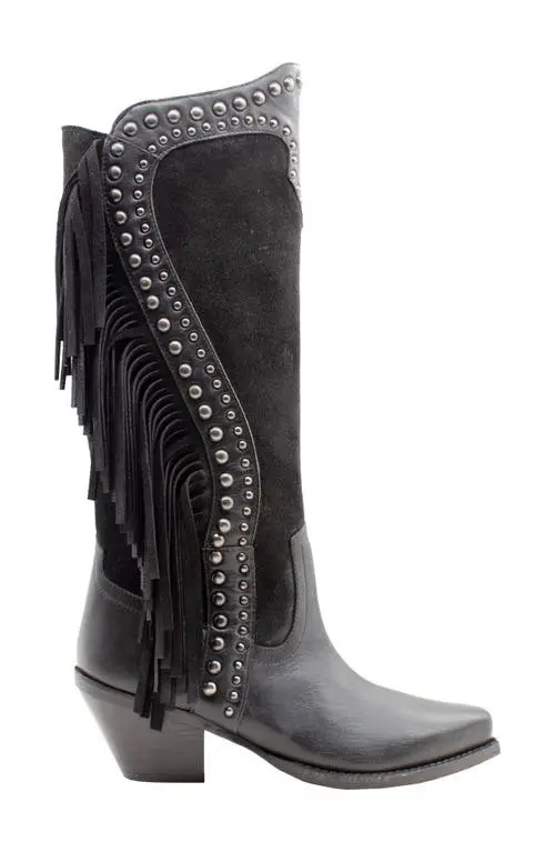 VOLATILE Palomino Knee-high Western Boot With Fringe - Black