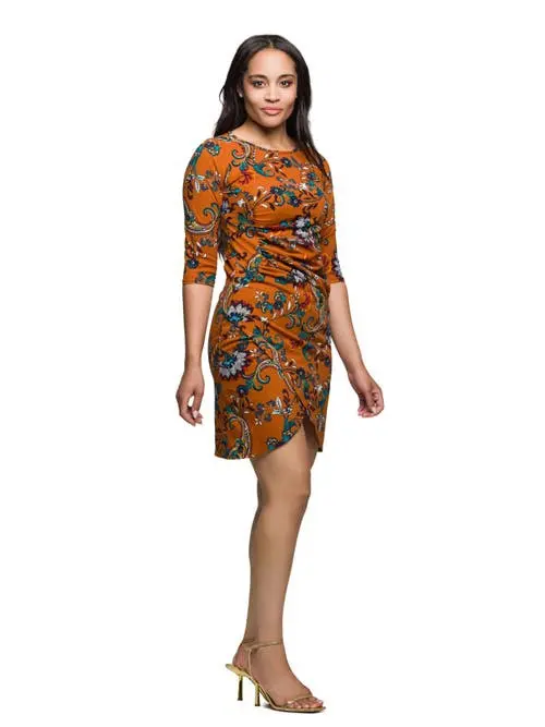 24SEVEN COMFORT APPAREL Elbow Sleeve Ruched Tulip Print Mini Dress - Orange Multi