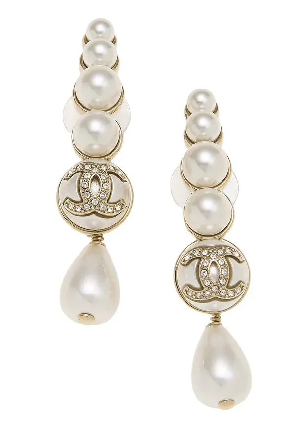 Chanel Cc Faux Pearl Dangle Earrings - Gold