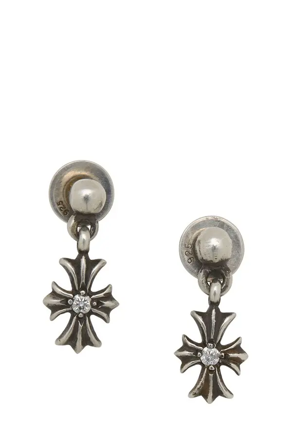Chrome Hearts Sterling Diamond Cross Drop Earrings - Silver