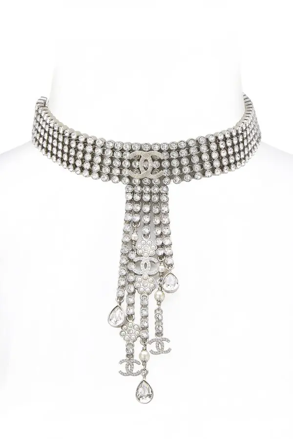 Chanel Crystal Dangle Choker - Silver