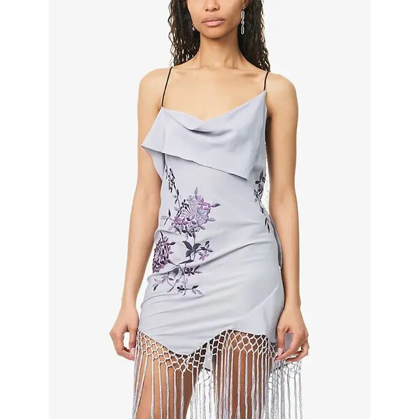 Conner Ives Piano Shawl Fringed Silk Mini Dress - Purple | Editorialist