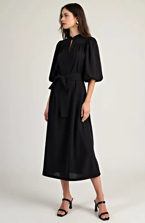 MODENAIRE Puff Sleeve Midi Dress With Belt
