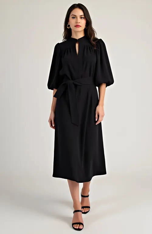 MODENAIRE Puff Sleeve Midi Dress With Belt - Black