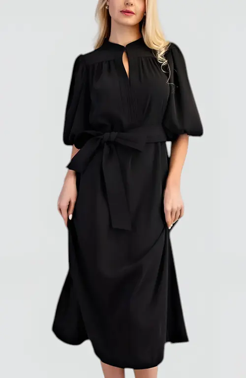 MODENAIRE Puff Sleeve Midi Dress With Belt
