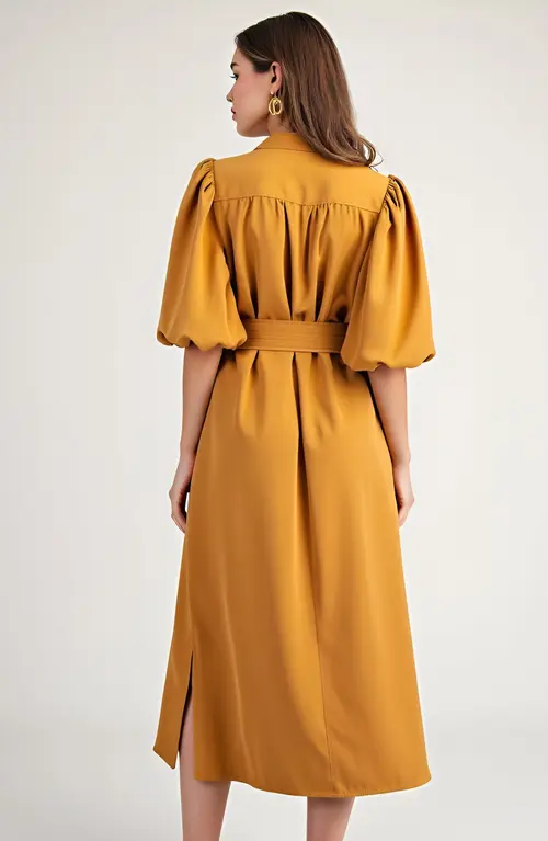 MODENAIRE Puff Sleeve Midi Dress With Belt