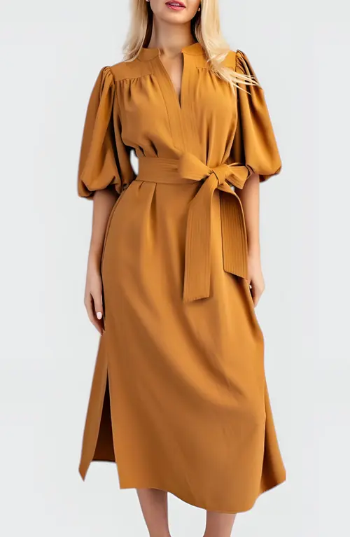 MODENAIRE Puff Sleeve Midi Dress With Belt