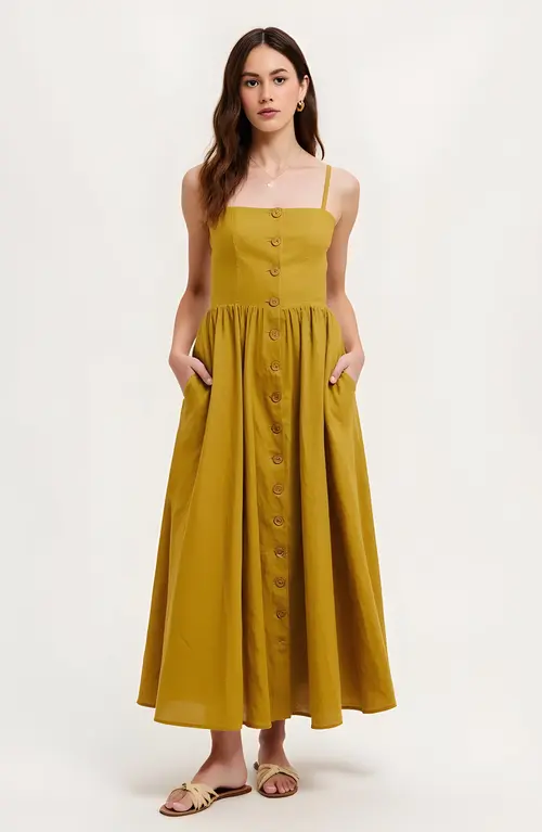 MODENAIRE Button Front Midi Dress With Pockets - Mustard Yellow