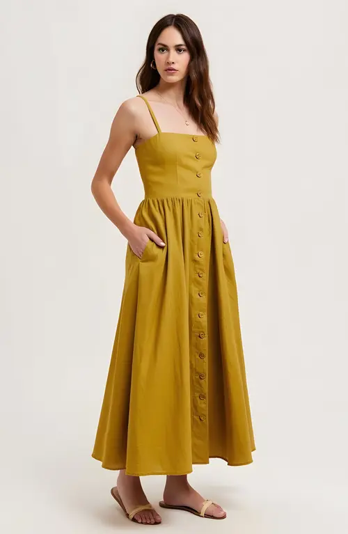 MODENAIRE Button Front Midi Dress With Pockets - Mustard Yellow