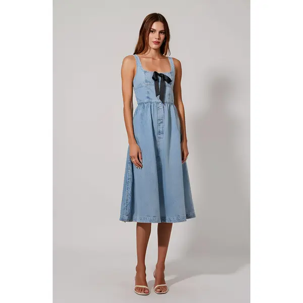 MODENAIRE Denim Midi Dress With Bow - Light Blue