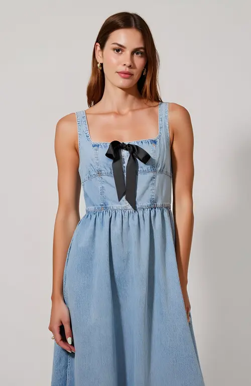 modenaire denim dress Sleeveless Denim Midi Dress with V Neckline Zip Front Closure Smocked   Modenaire