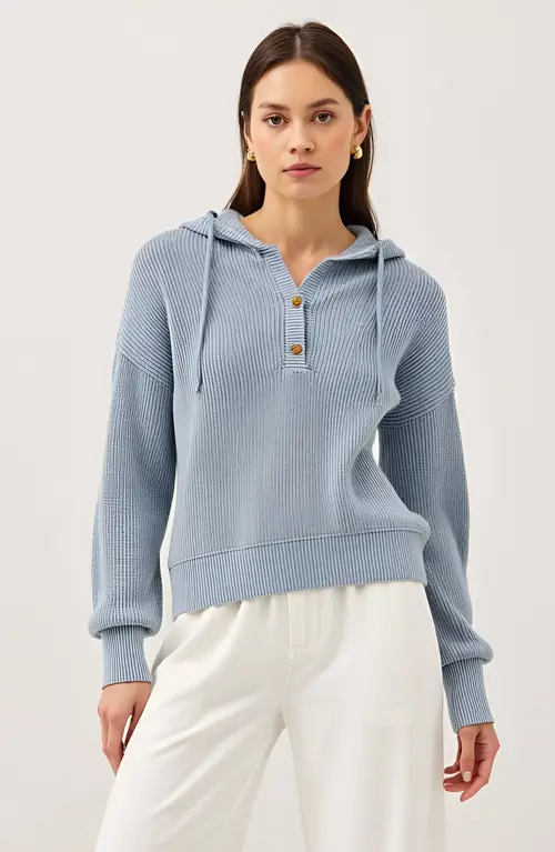 MODENAIRE Knit Button-front Hoodie With Drop Shoulders - Light Beige