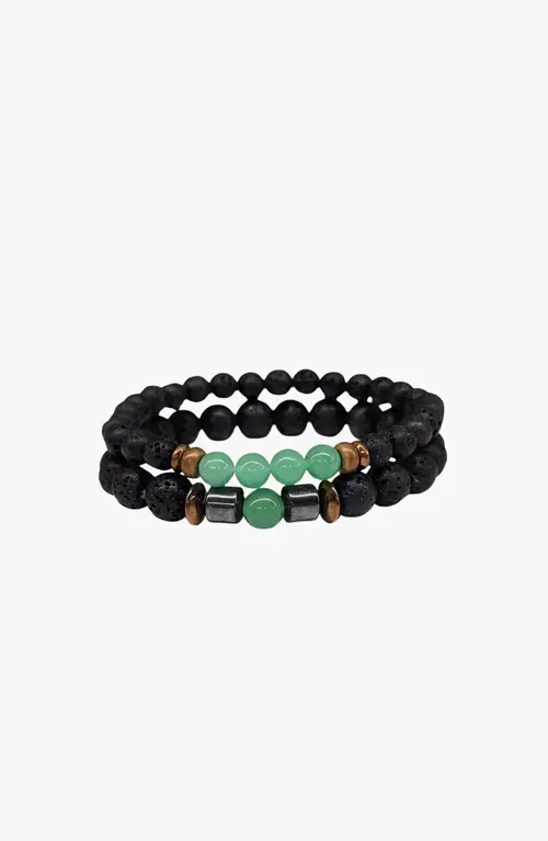 HUMANIST BEAUTY Crystal Lava Beaded Bracelet Set - Green Aventurine