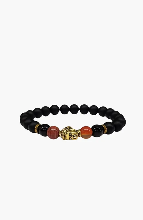 HUMANIST BEAUTY Beaded Buddha Obsidian Bracelet - Carnelian/gold Tone