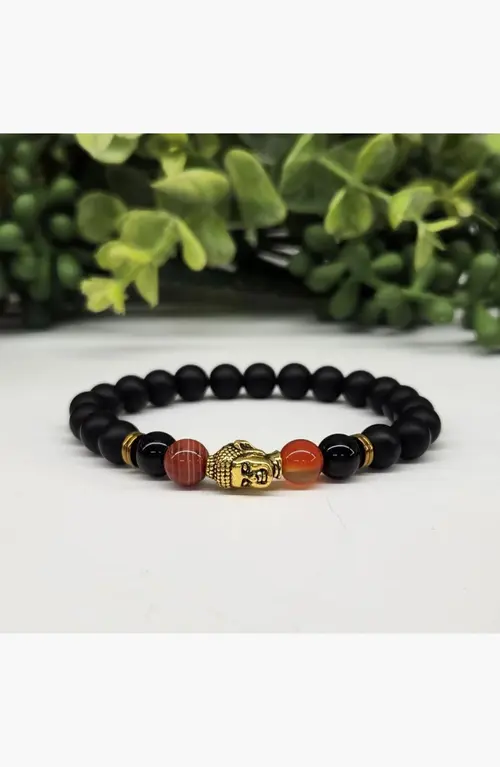 HUMANIST BEAUTY Obsidian Beaded Bracelet - Carnelian/gold Tone