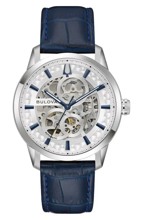 Bulova Sutton Skeleton Automatic Leather Strap Watch - Blue