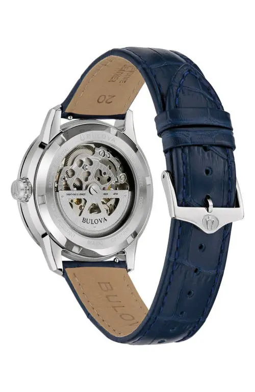 Bulova Sutton Skeleton Automatic Leather Strap Watch
