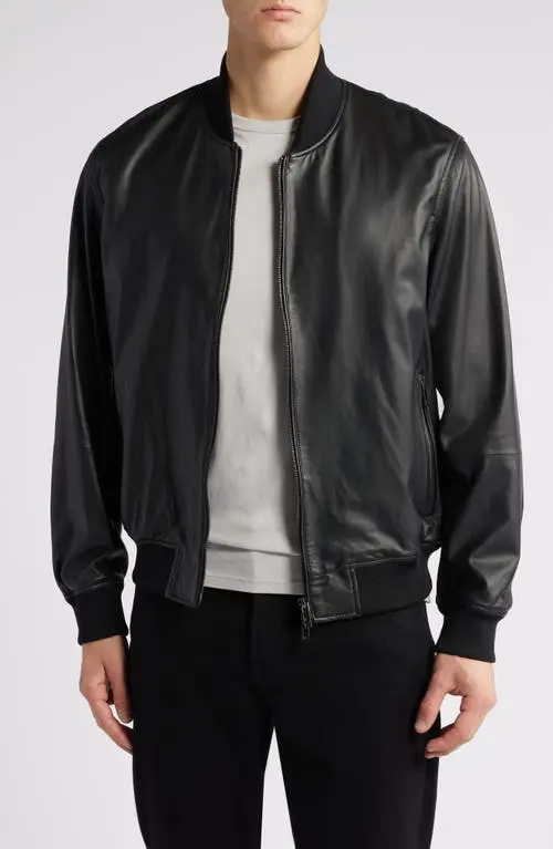 Emporio Armani Leather Bomber Jacket - Solid Black