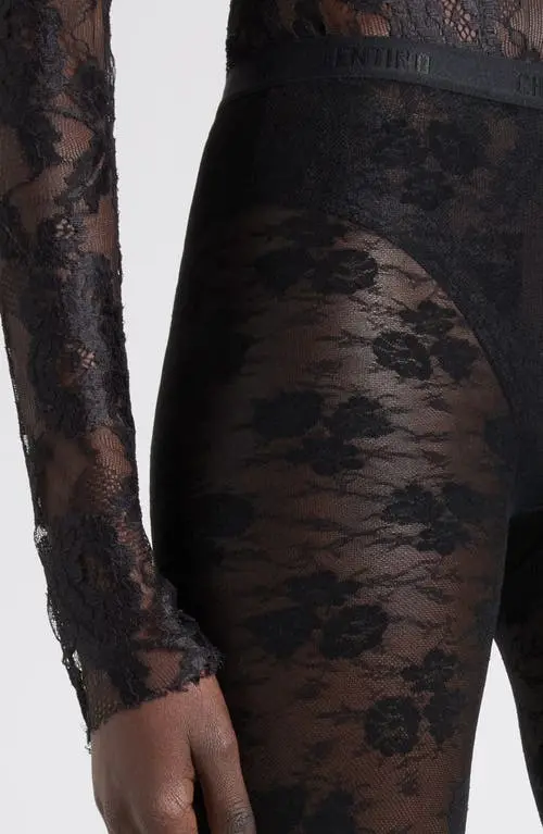 Valentino Garavani Sheer Floral Lace Tights - Black