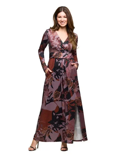 24SEVEN COMFORT APPAREL Floral Print Long Sleeve Wrap Maxi Dress - Gray Multi
