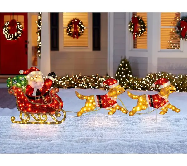 GLITZHOME 90 Christmas Dog Santa Sleigh Lighted Outdoor Decor - One-color