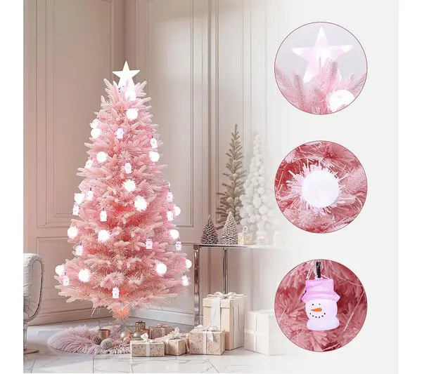 LUXEN HOME Luxenhome 6ft Fiber Optic Pink Xmas Tree W/ Sno Wman & Star Top - One-color