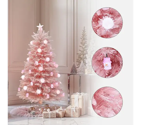 LUXEN HOME Luxenhome 5ft Fiber Optic Pink Xmas Tree W/ Sno Wman & Star Top - One-color