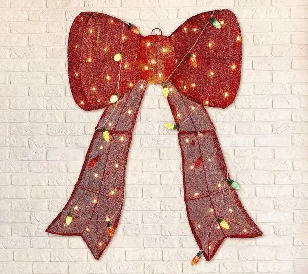 GLITZHOME 35' Christmas Red Fabric Bow Lighted Utdoor Decor - One-color