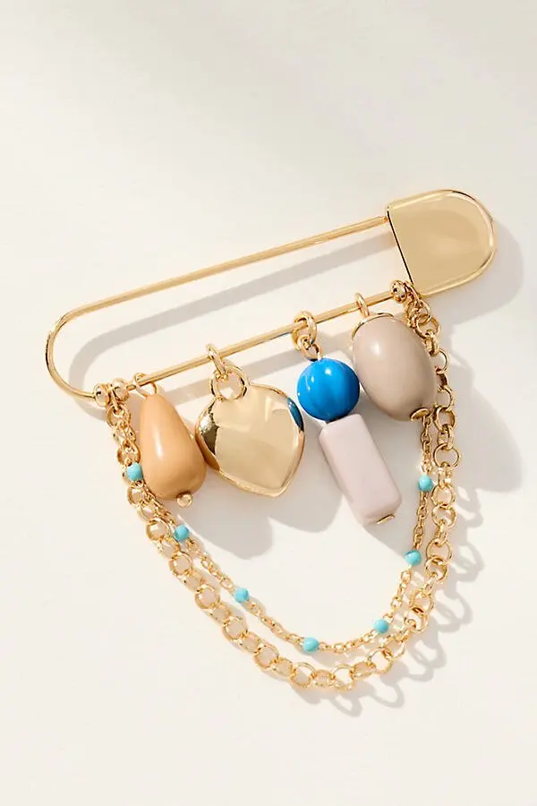 Anthropologie Paperclip Beaded Charm Brooch - Blue