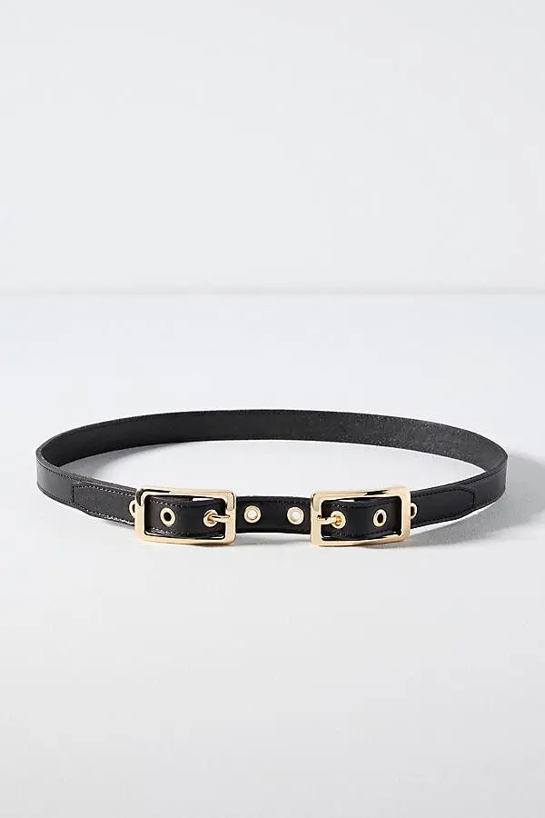 Anthropologie Double Buckle Leather Belt - Black/gold